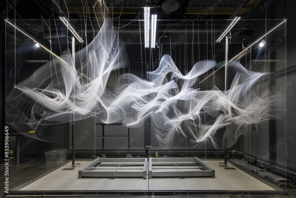 A dramatic, indoor photograph of a white smoke installation suspended ...