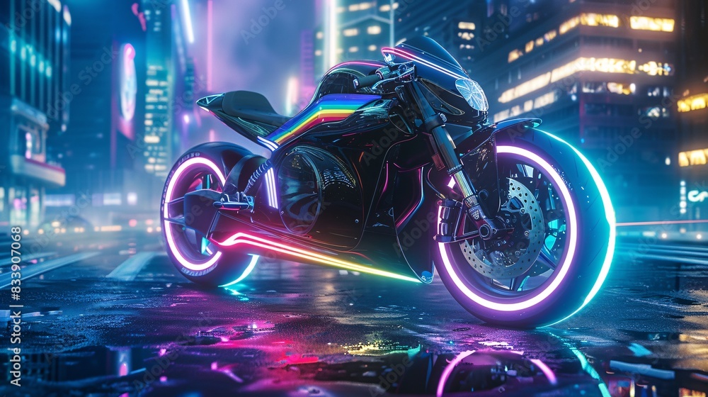 20. An upscale electric motorcycle with rainbow LED lights, parked in a ...