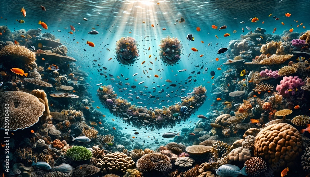 A smiley face formed by corals and fish in an underwater reef. The ...