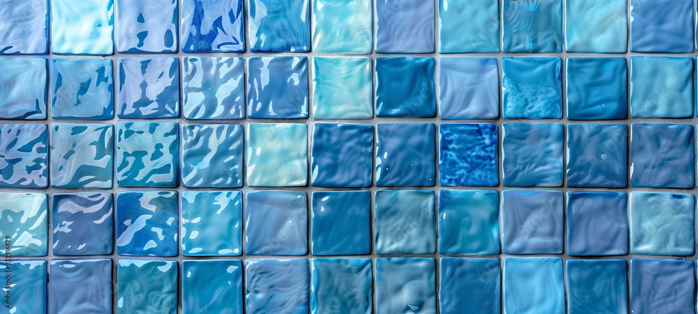 Blue ceramic mosaic tiles in various shades of blue, arranged atop one ...
