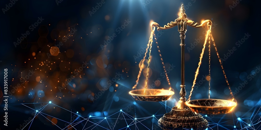 Low-polygon futuristic balance scales on dark blue wireframe background ...