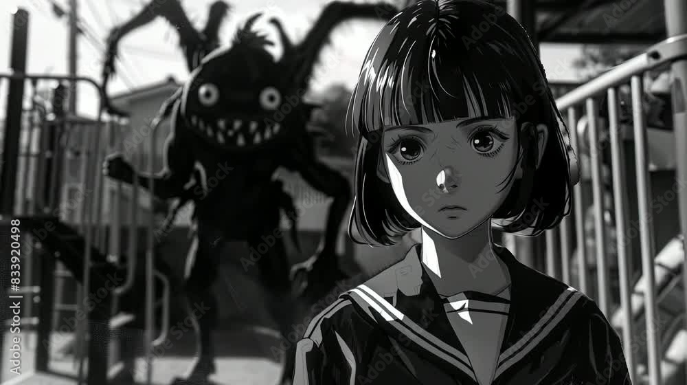 black and white video loop of a manga school girl, horror monster in a ...