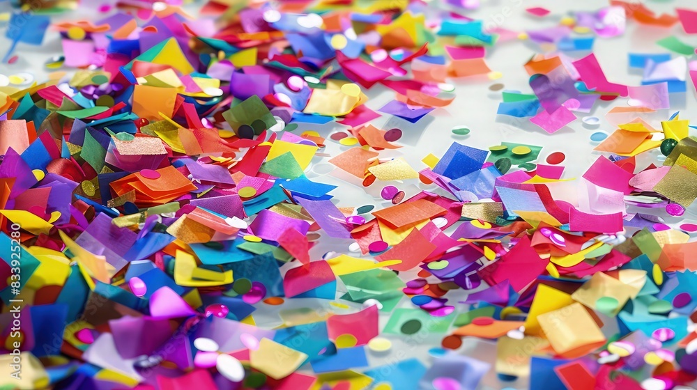 A vibrant display of colorful confetti scattered across a transparent ...