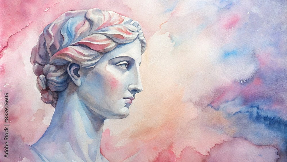 Ancient Greek sculpture of a female goddess in profile against a pink ...