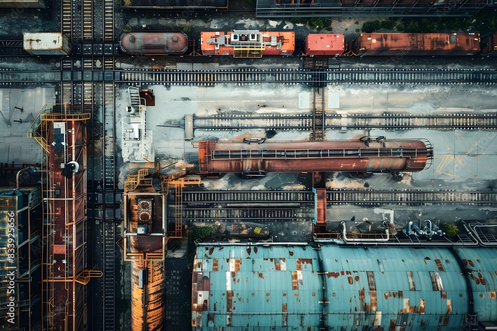 Aerial view of a busy industrial train yard showcasing multiple tracks ...