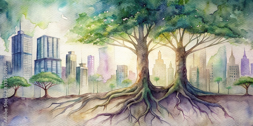 Watercolor painting of towering trees with exposed roots in urban ...