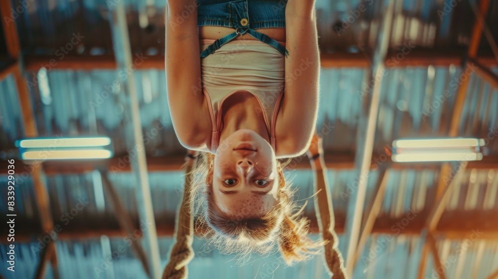 Young gymnast performing an inverted pose on a horizontal bar ...