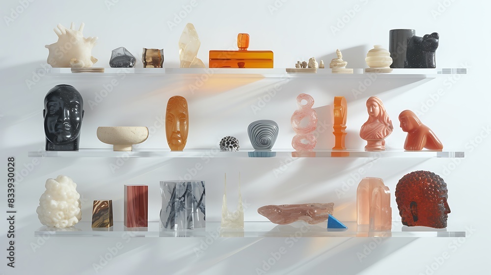 Modern acrylic floating shelves displaying curated art objects and ...
