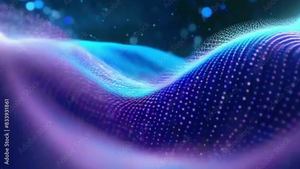 Blue and purple particles dancing along the paths of optical fibers ...