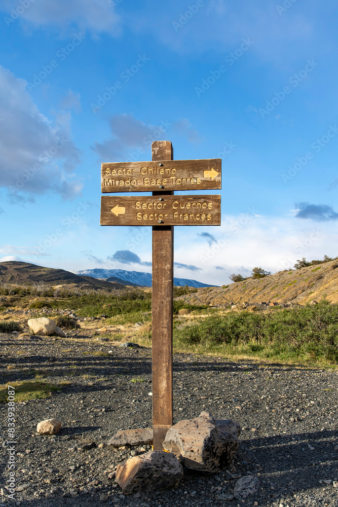 Torres del Paine National Park, Patagonia, Chile; Wooden sign on W-trek ...