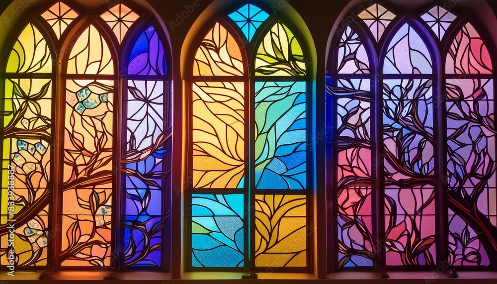 generative ai illustration of luminous stained glass window showing the ...