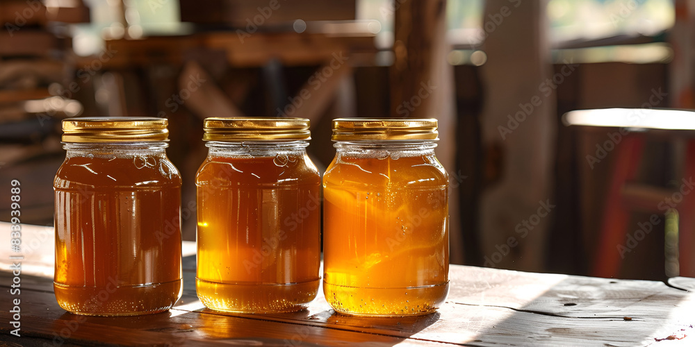 multiple jars of honey with a wooden table and a rustic background The ...