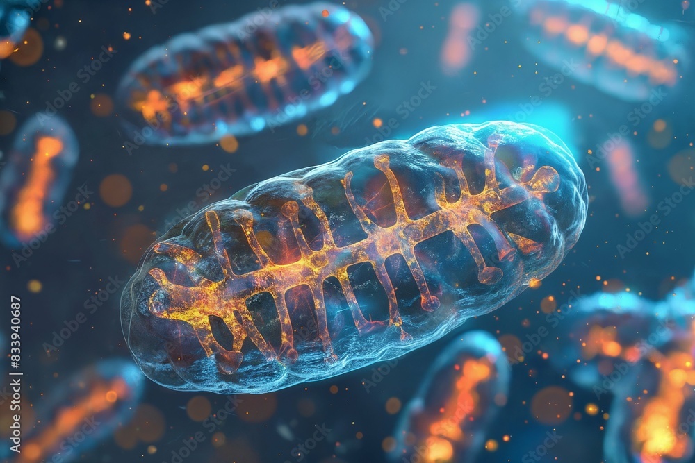 close-up, 3D illustration of mitochondria, the powerhouse of the cell ...