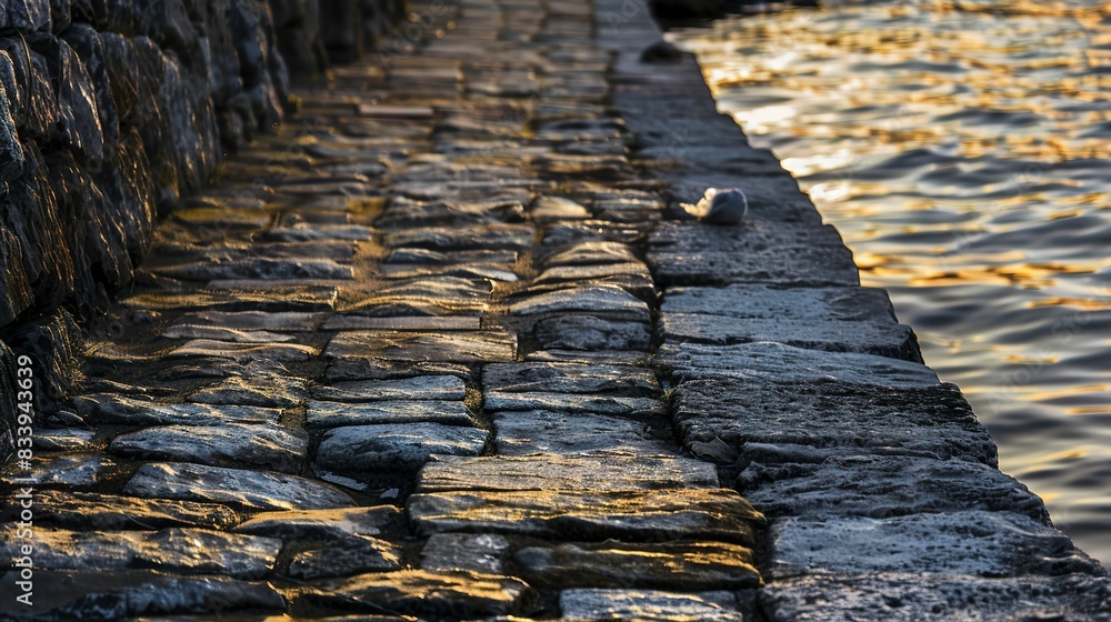 Waterfront building stone pathway close-up, sharp textural details, no ...