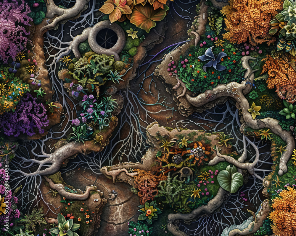 A network of gopher tunnels with detailed dirt pathways, vibrant plants ...