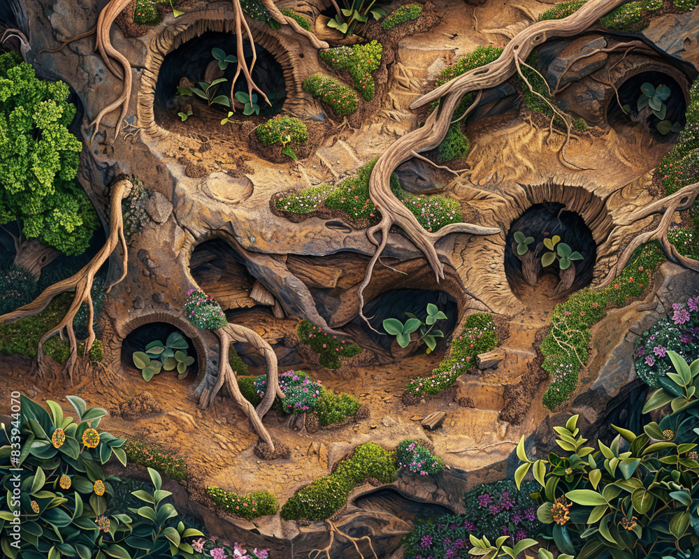 A network of gopher tunnels with detailed dirt pathways, vibrant plants ...