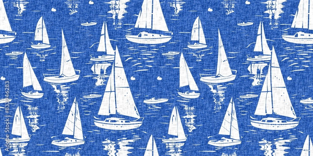 Coastal sail boat in azure ocean blue seamless border background ...