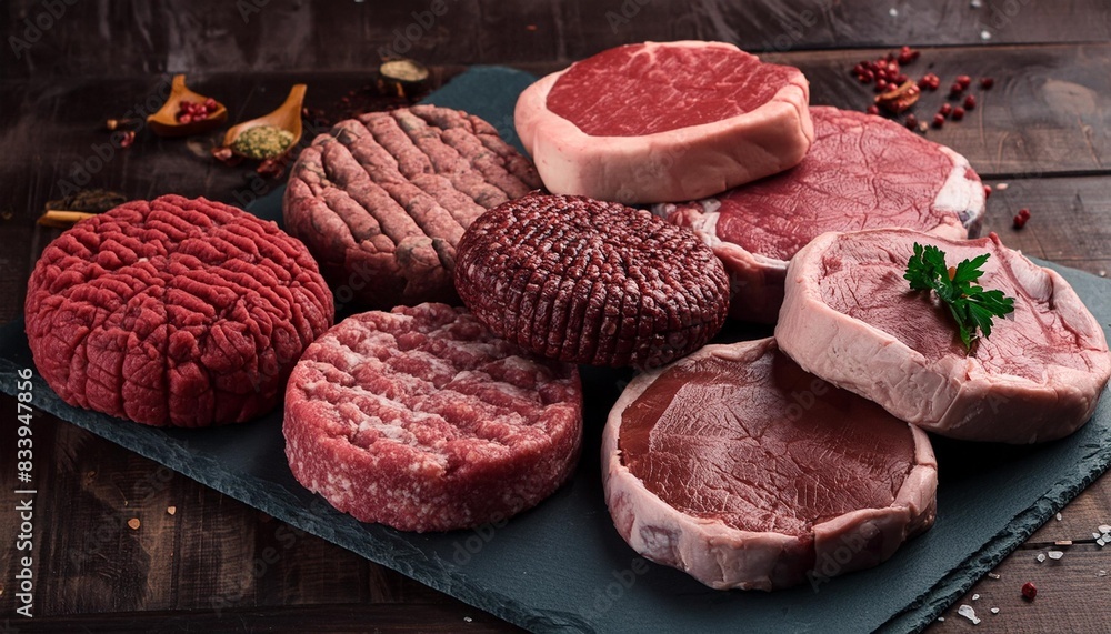 assortment of raw cuts of meat dry aged beef steaks and hamburger ...