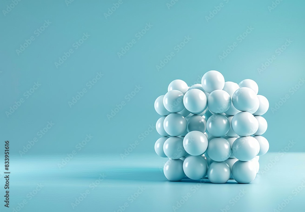 Abstract arrangement of white spheres forming a cube on a teal ...