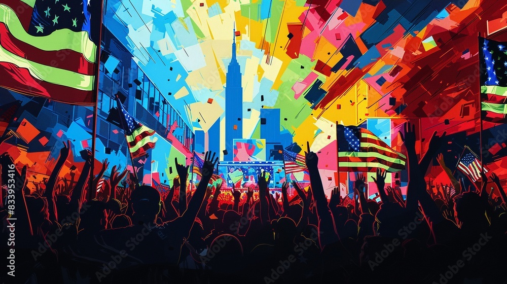 A pop art depiction of a crowd waving American flags and singing the ...