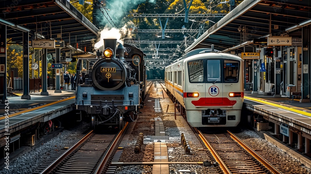 Steam Train And Modern Passenger Train Side By Side Busy Station, With ...