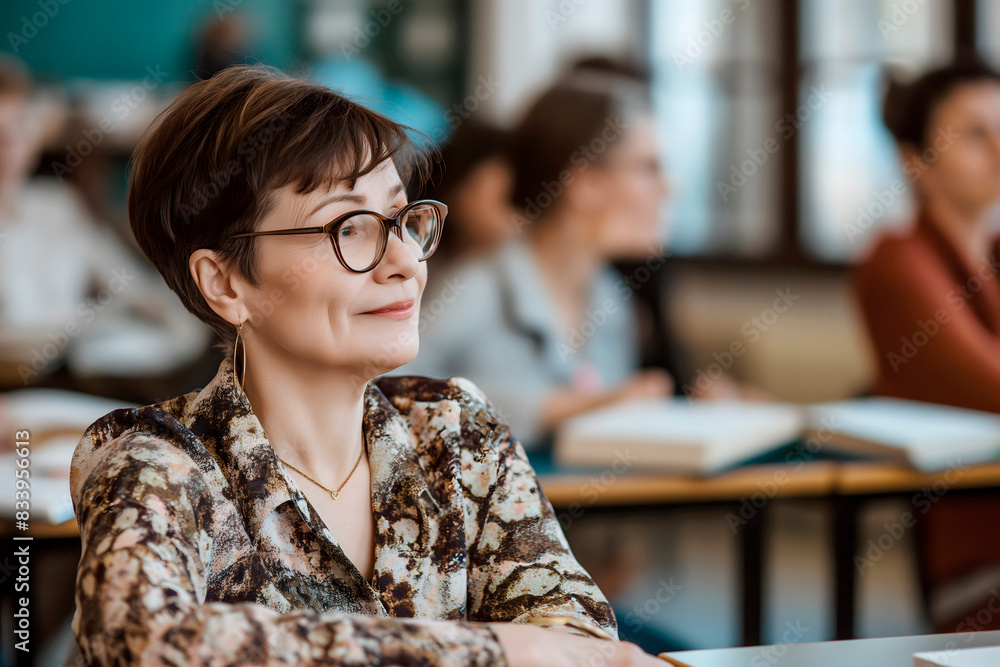 In classroom full of adult learners,mature woman studies diligently ...