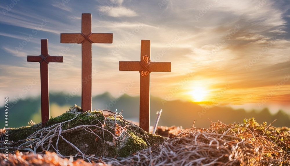 crucifixion and resurrection three crosses of golgotha by sunset easter ...