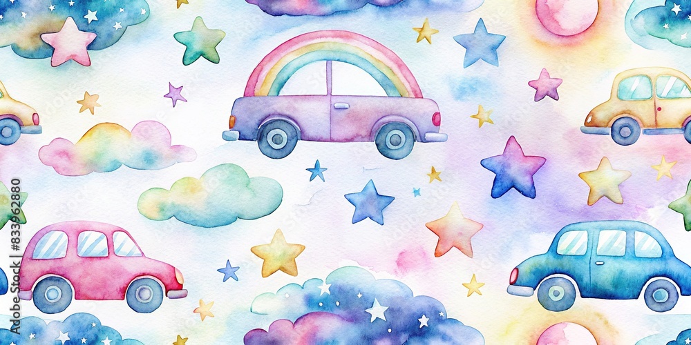 Seamless pattern of cars with stars and rainbow watercolor ...
