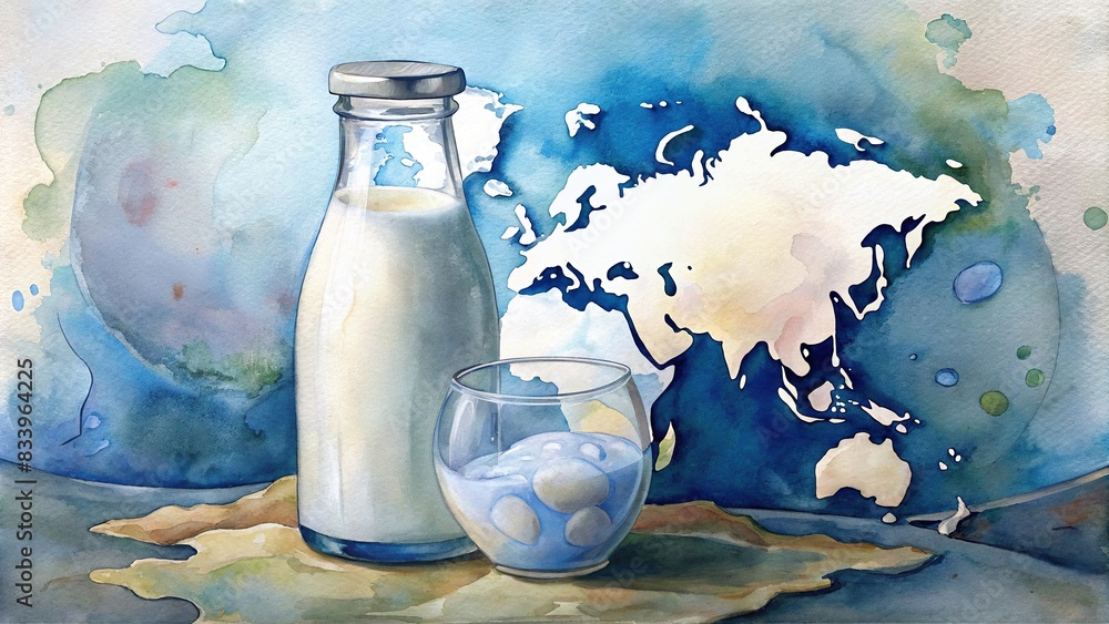 of a World Milk Day poster with a glass milk bottle and spilled milk ...
