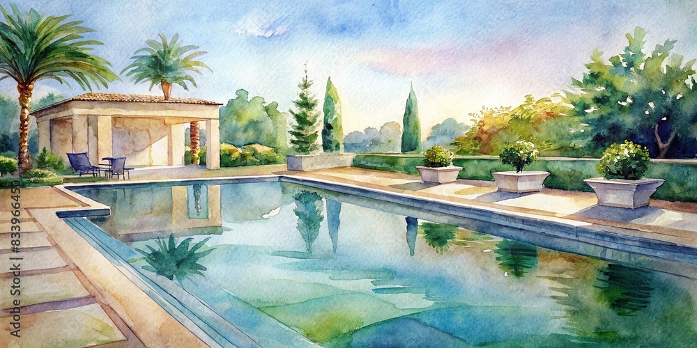 Beautiful watercolor painting of a luxurious swimming pool at vacation ...