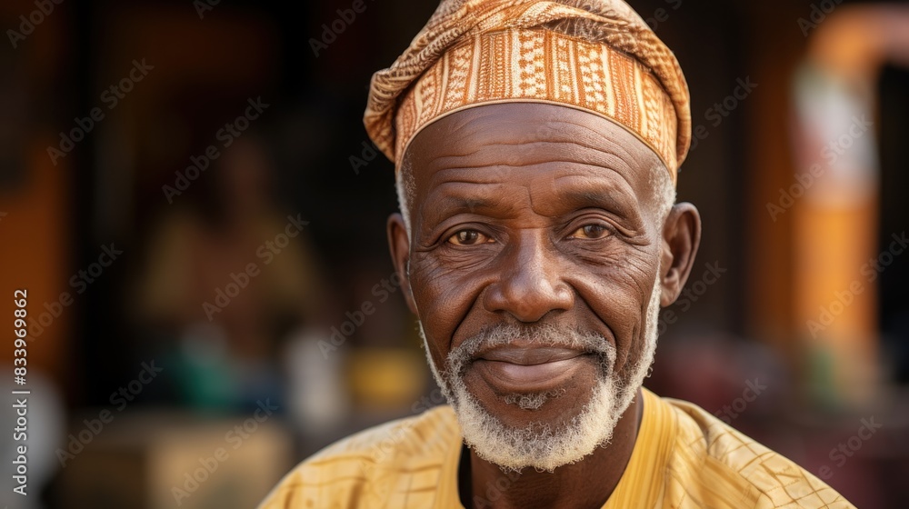 Portrait of a dignified elderly African man in traditional attire with ...