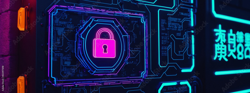 Neon sign with padlock, night background illuminated by neon. Cyber ...