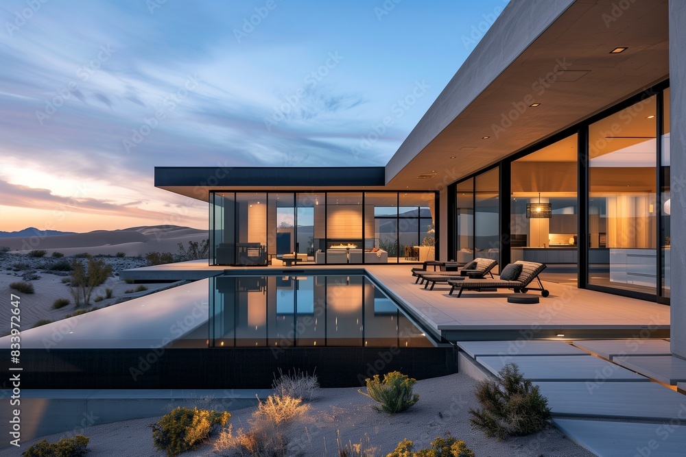 Modern minimalist desert home exterior with sleek lines, expansive ...