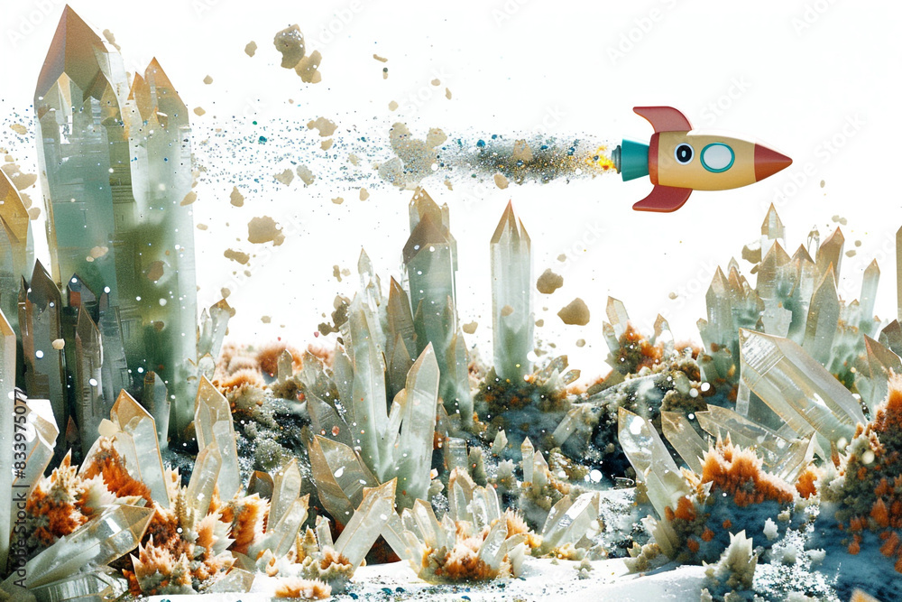 An otherworldly landscape dotted with crystalline formations, with a ...