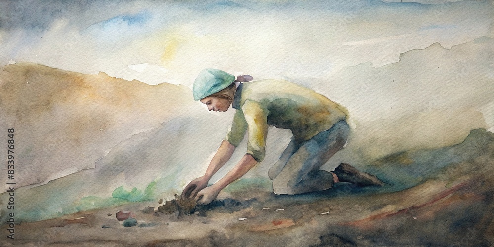 ภาพประกอบสต็อก Person digging in the dirt with hands in a watercolor ...