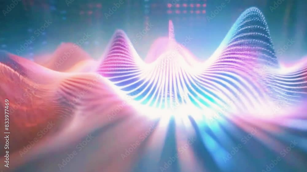 Blue and purple particles dancing along the paths of optical fibers ...