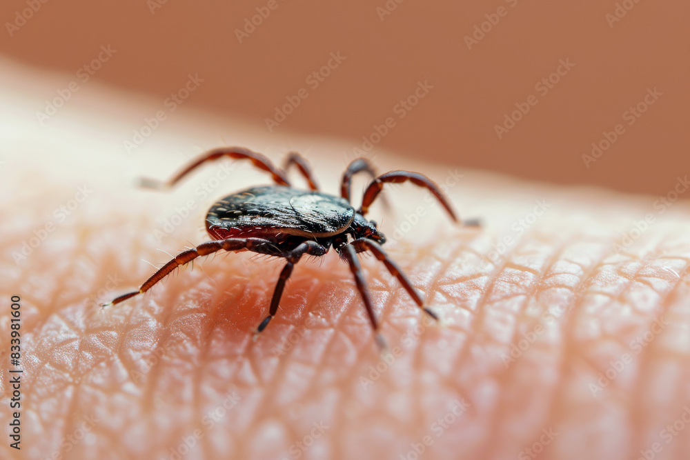 Tick on human body background, scary insect on skin, close up of danger ...
