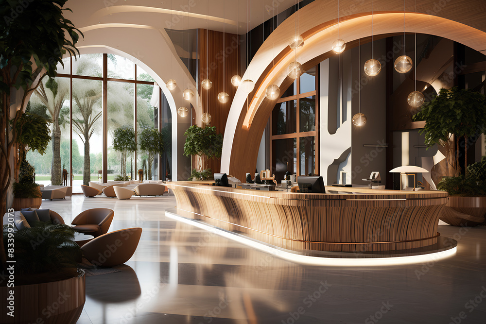 Interior of luxury hotel lobby zone with reception desk and relax zone ...