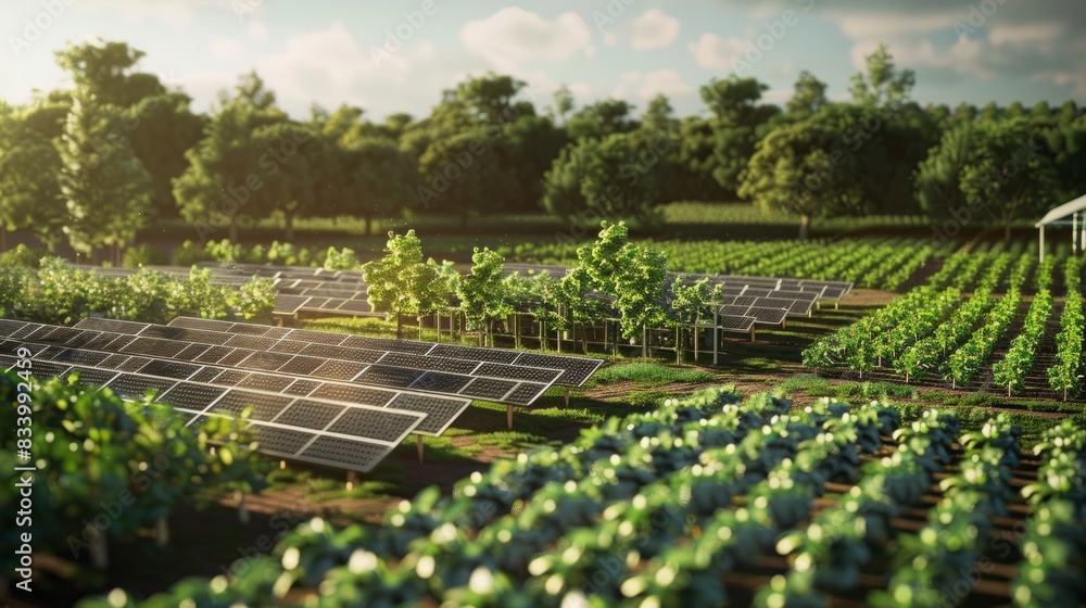 Farmland enhanced with agrivoltaics, where solar panels are ...