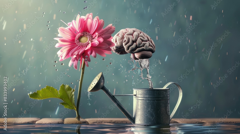Human brain growing from a flower, watering can is pouring water on the ...