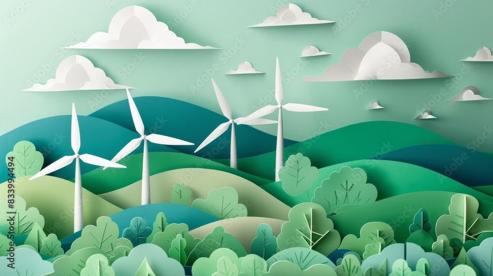 Paper art , renewable energy with green energy as wind turbines ...
