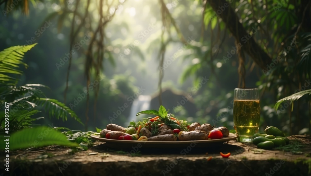 Foto de Jungle Dinner Nourishment Amidst Dense Greenery in a D Rendered ...
