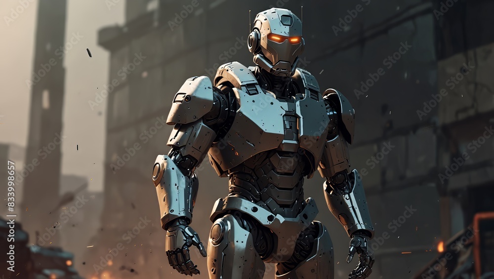 Combat robot in military metal armor Futuristic cyborg security guard ...