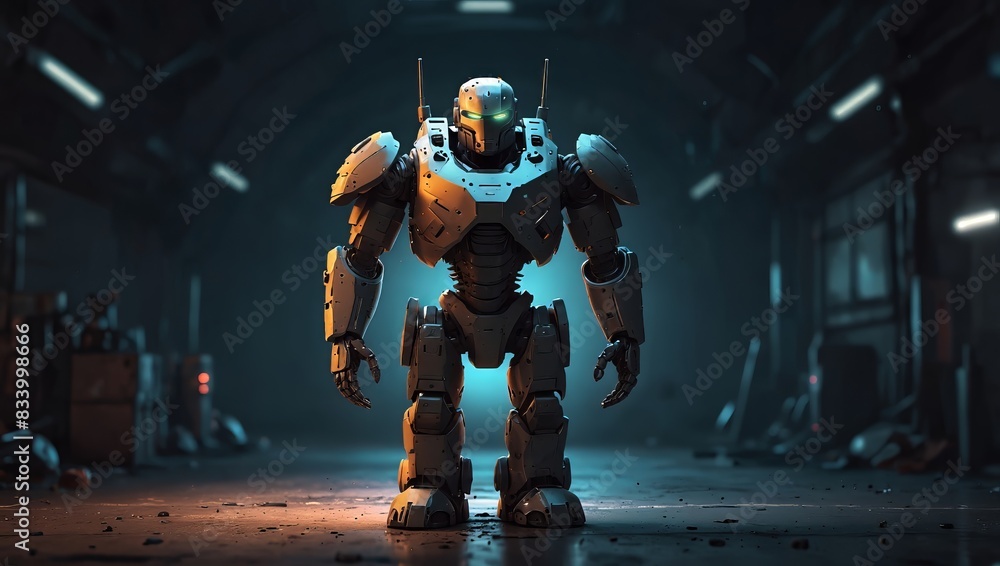 Combat robot in military metal armor Futuristic cyborg security guard ...