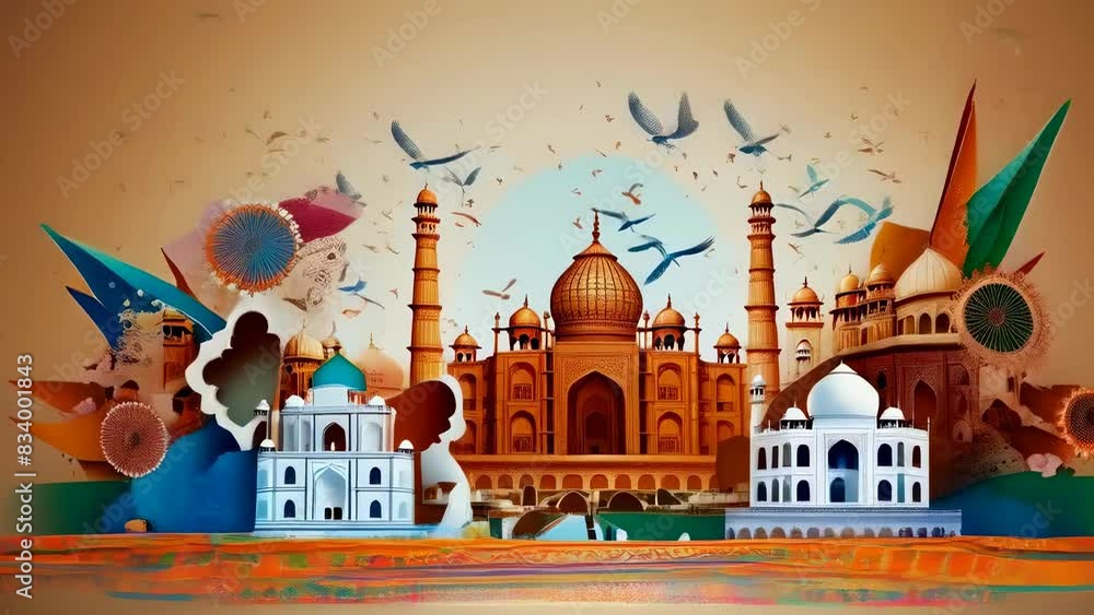 A bright illustration features famous Indian landmarks like the Taj ...