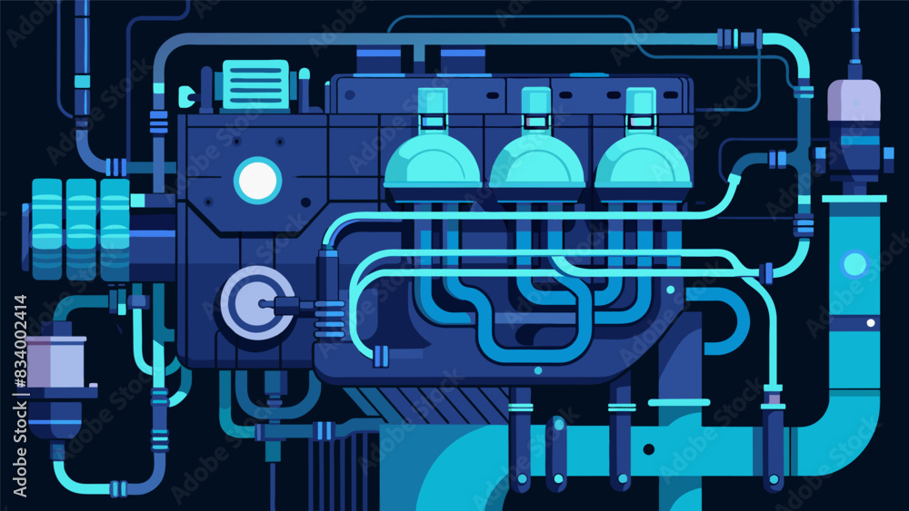 The intricate network of pipes and hoses are illuminated by the faint ...