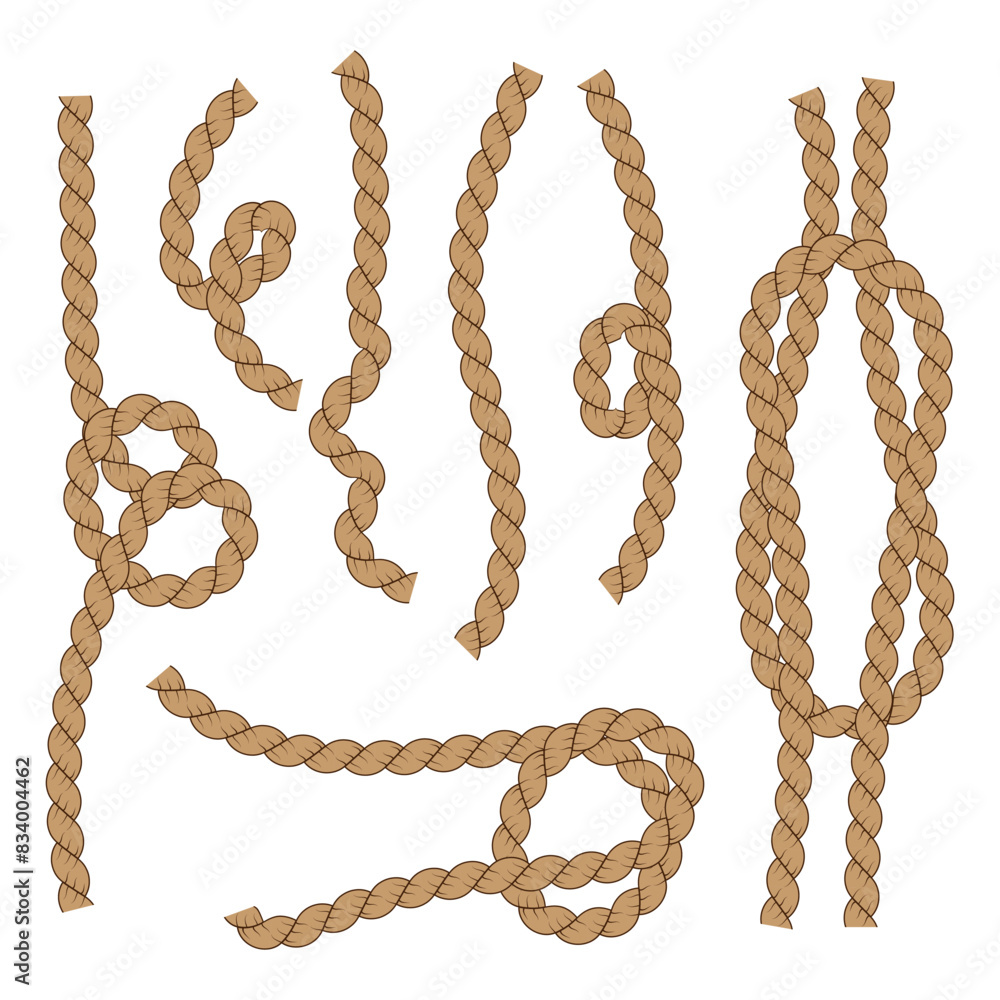 Vector rope knots. Nautical tying techniques. Beige twisted ropes ...