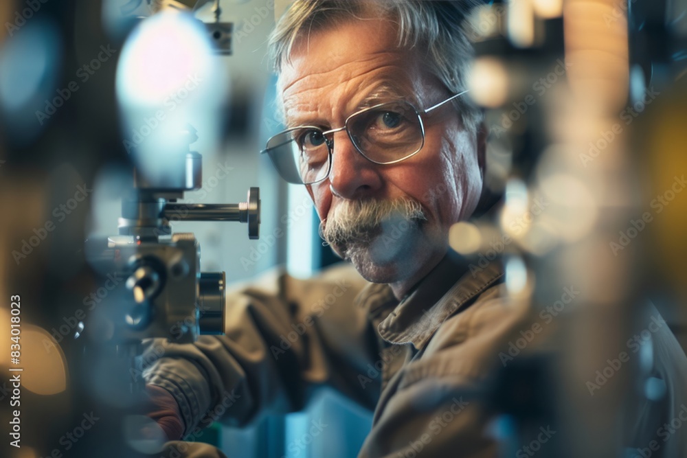 Mature physicist, confident, professional, digital SLR, standard zoom ...