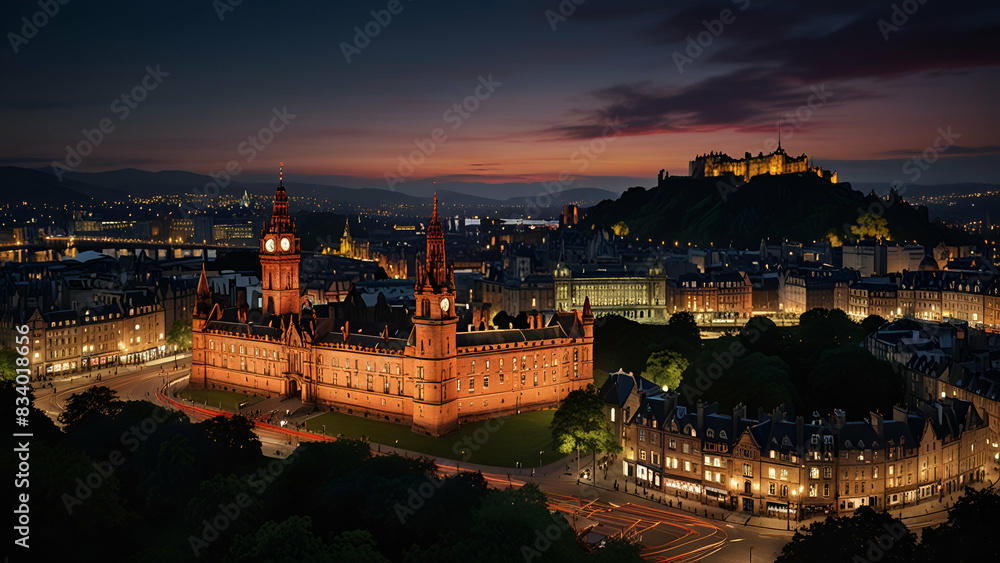 city castle at night, illuminated by soft lights, exudes a magical aura ...
