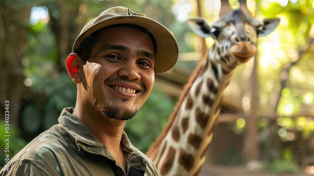 happy hispanic Zookeeper man working at zoo smiling and looking at ...